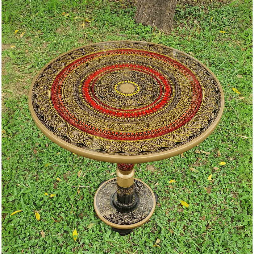 18″ Wooden Round Coffee Table – Regal Red Naqsheen Design – Woodistan